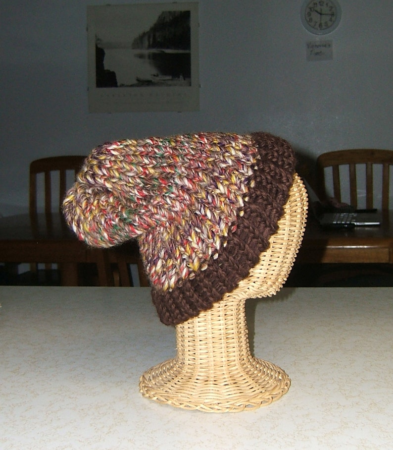 Knit Hat Stocking Cap Brown Folded Brim Multi Color Crown Wool Acrylic ...