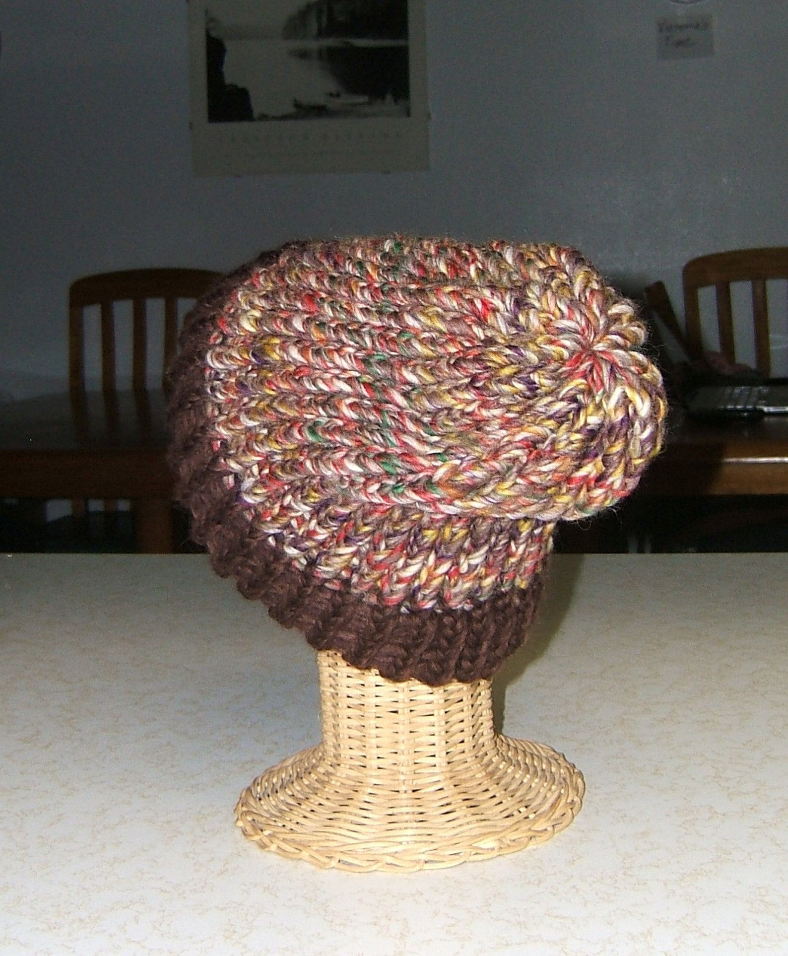 Knit Hat Stocking Cap Brown Folded Brim Multi Color Crown Wool Acrylic ...