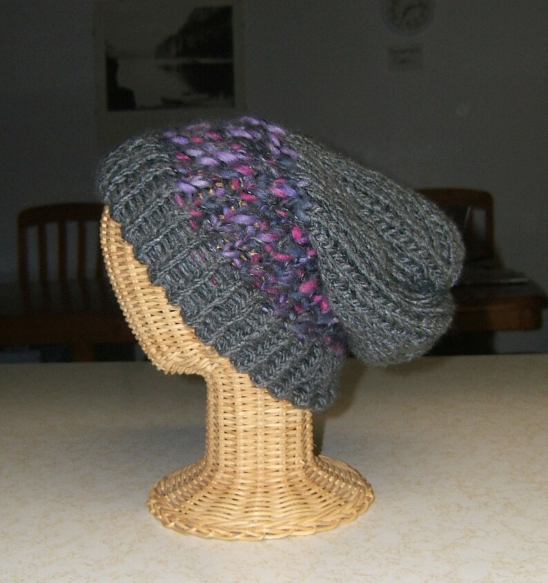 Gray Purple Knit Hat Stocking Cap Slouch Soft Warm Chunky Thick Folk ...