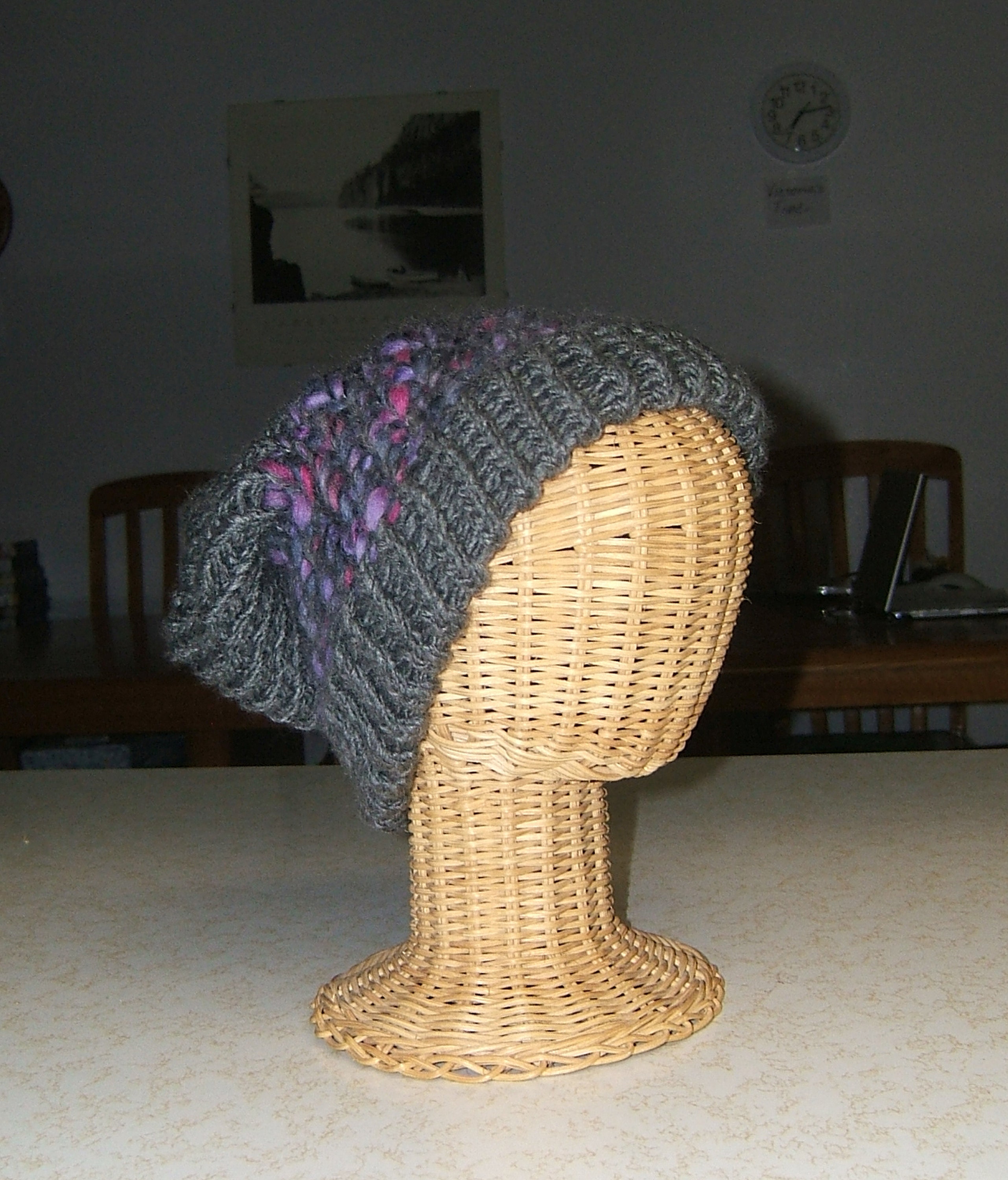 Gray Purple Knit Hat Stocking Cap Slouch Soft Warm Chunky Thick Folk ...