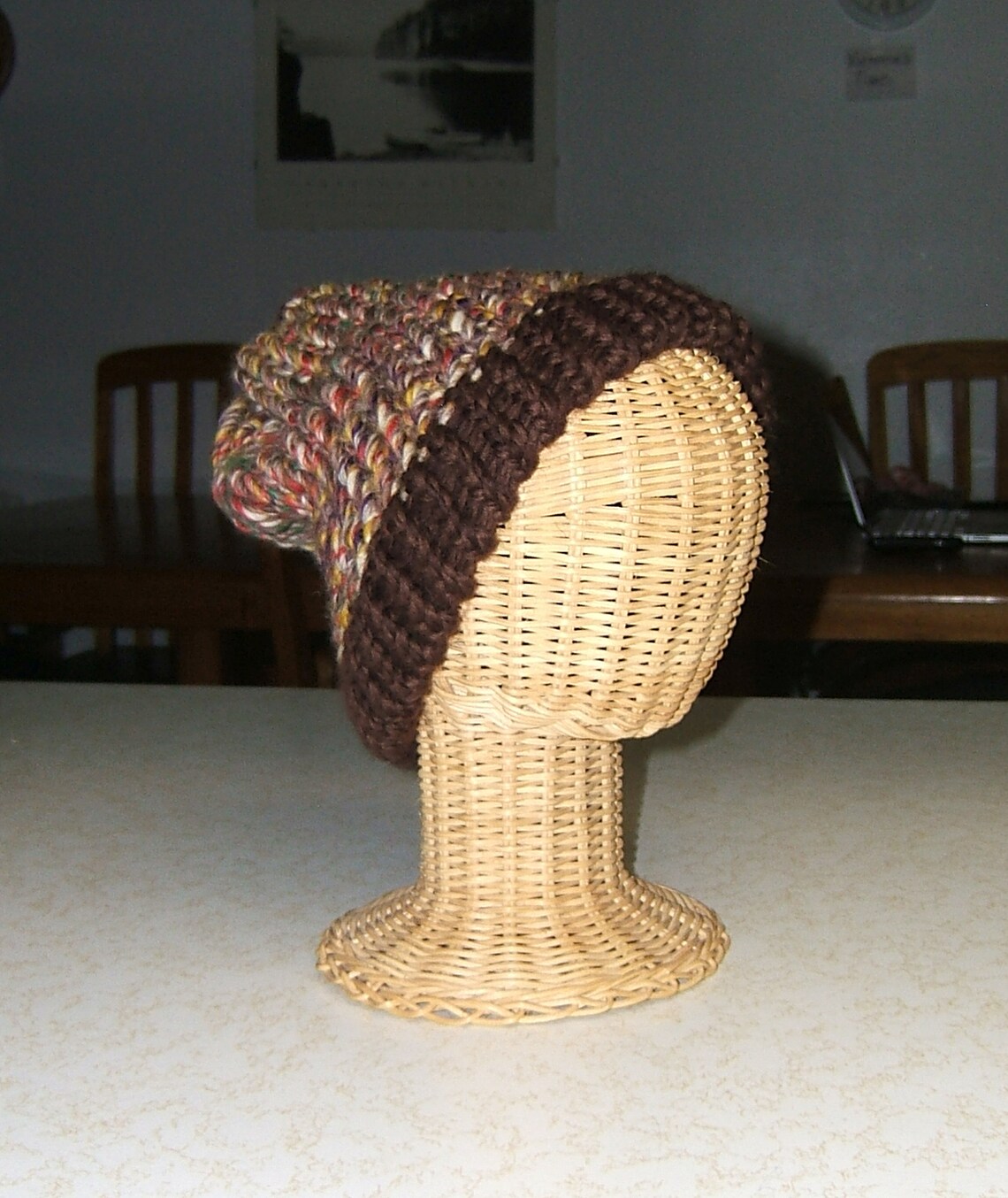 Knit Hat Stocking Cap Brown Folded Brim Multi Color Crown Wool Acrylic ...