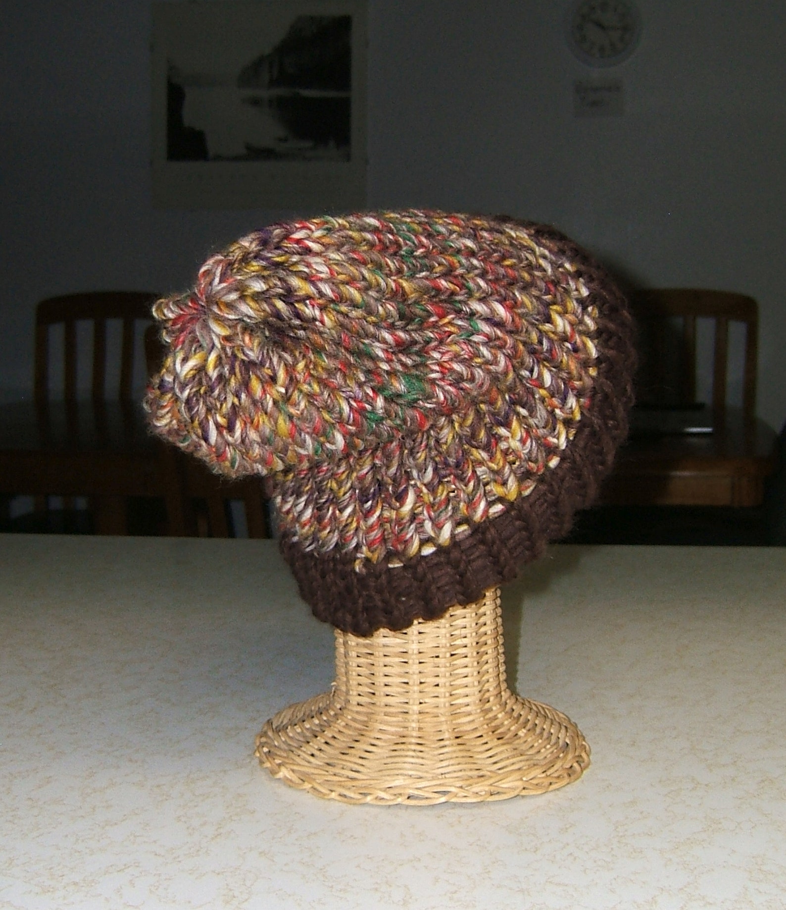 Knit Hat Stocking Cap Brown Folded Brim Multi Color Crown Wool Acrylic ...