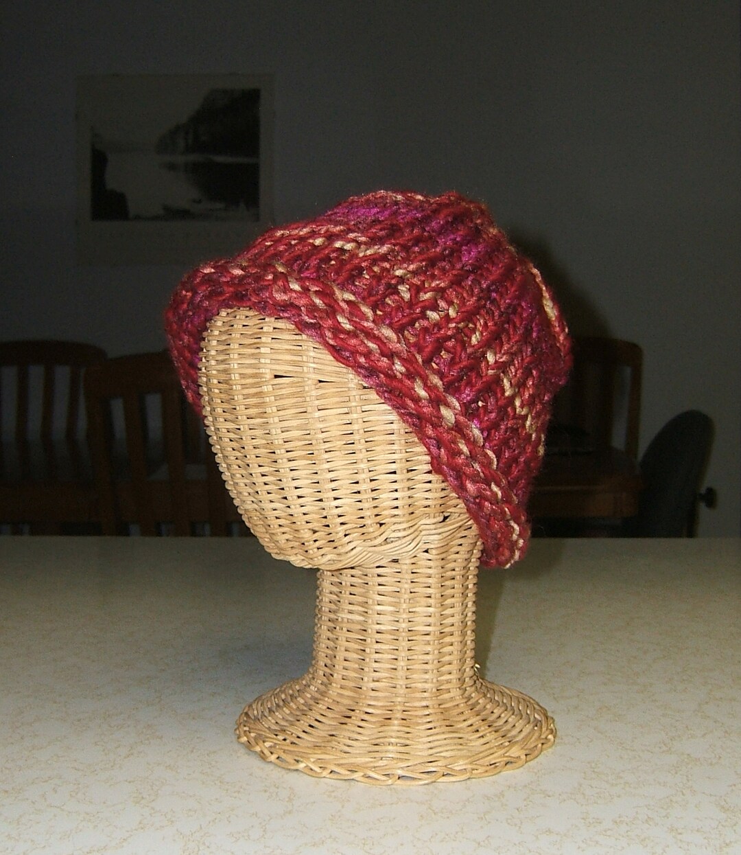 Striped Stocking Cap Hat Knit Knitted Red Yellow Wool Roving Curled ...