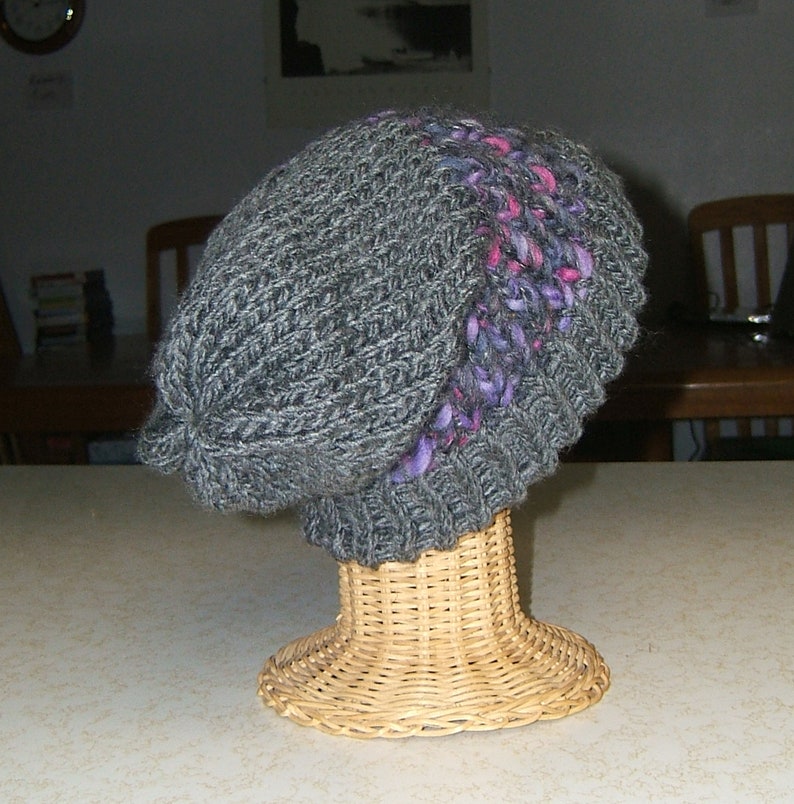 Gray Purple Knit Hat Stocking Cap Slouch Soft Warm Chunky Thick Folk ...