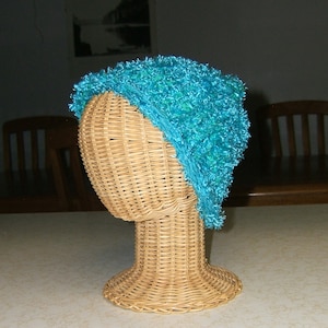 Bright Turquoise Knit Hat Stocking Cap Curled Brim Upcycled Yarn Boho ...