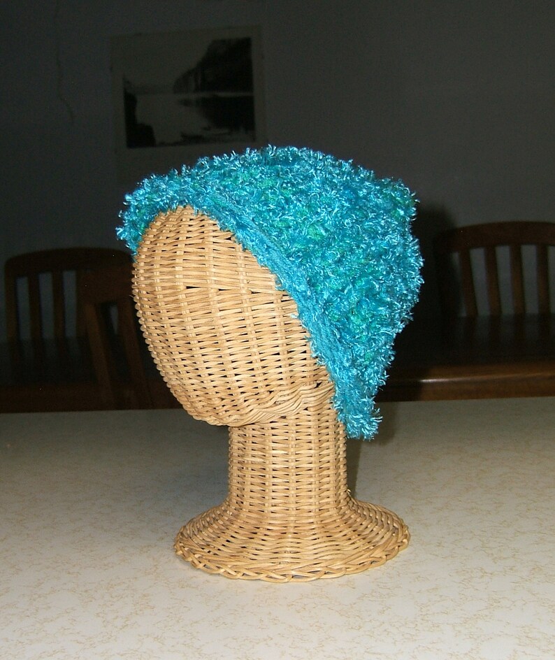 Bright Turquoise Knit Hat Stocking Cap Curled Brim Upcycled Yarn Boho ...
