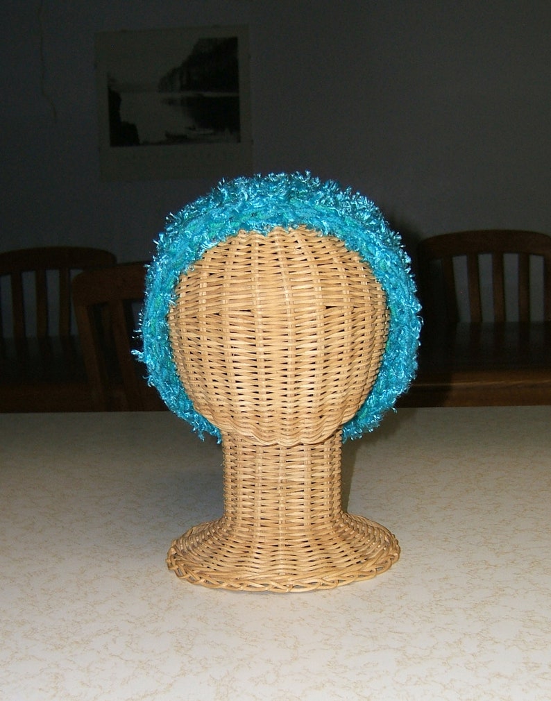 Bright Turquoise Knit Hat Stocking Cap Curled Brim Upcycled Yarn Boho ...