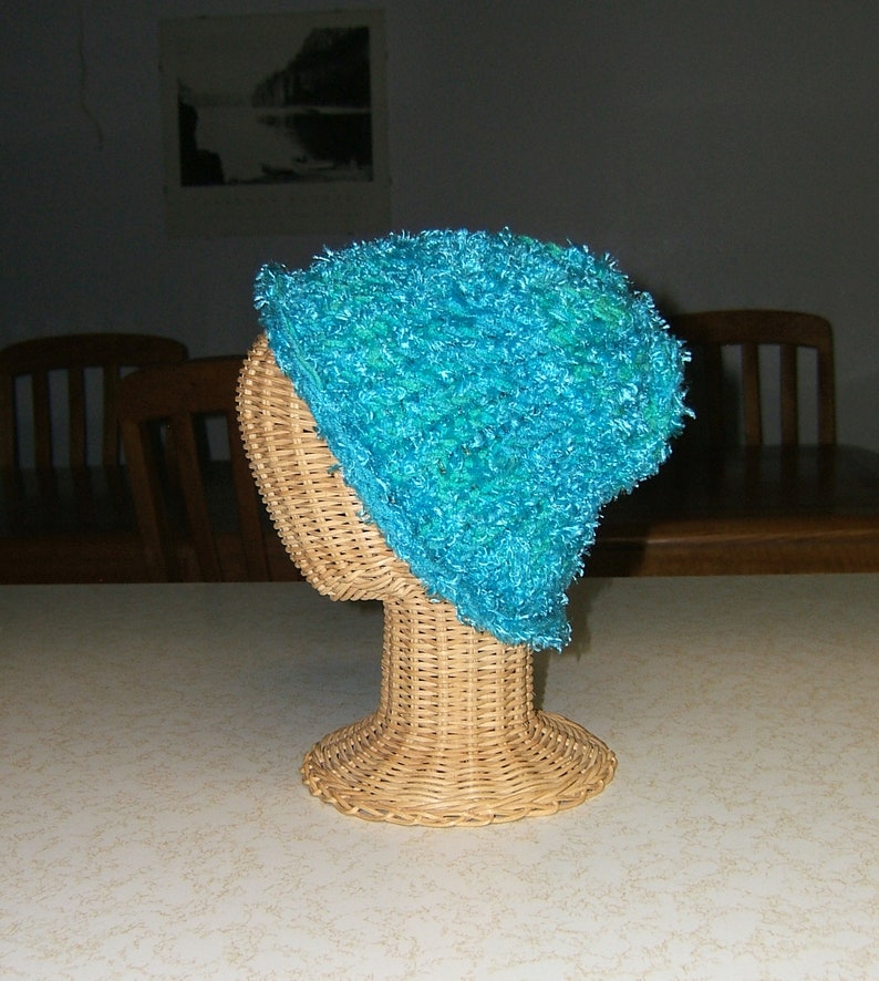 Bright Turquoise Knit Hat Stocking Cap Curled Brim Upcycled Yarn Boho ...