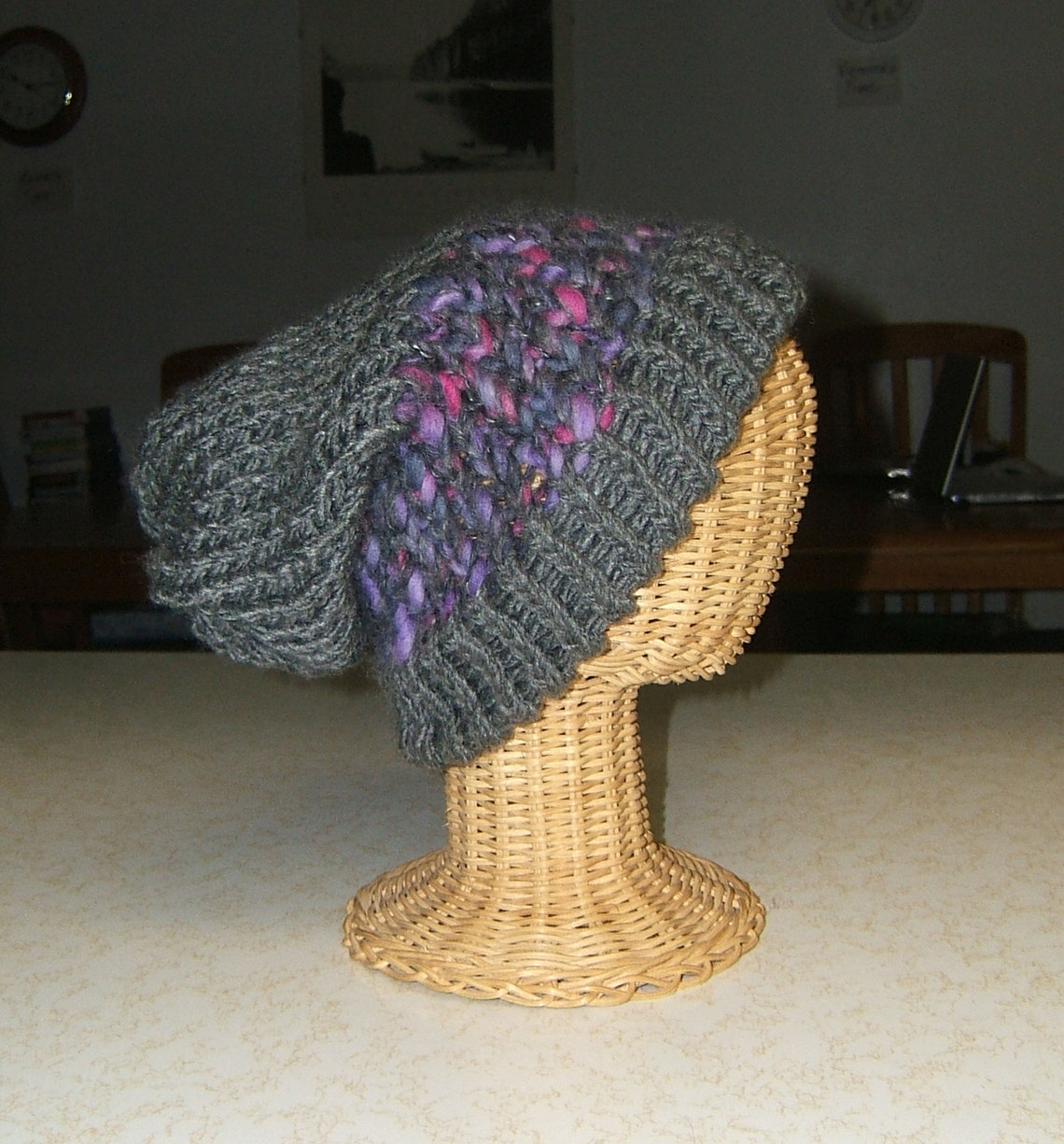 Gray Purple Knit Hat Stocking Cap Slouch Soft Warm Chunky Thick Folk ...