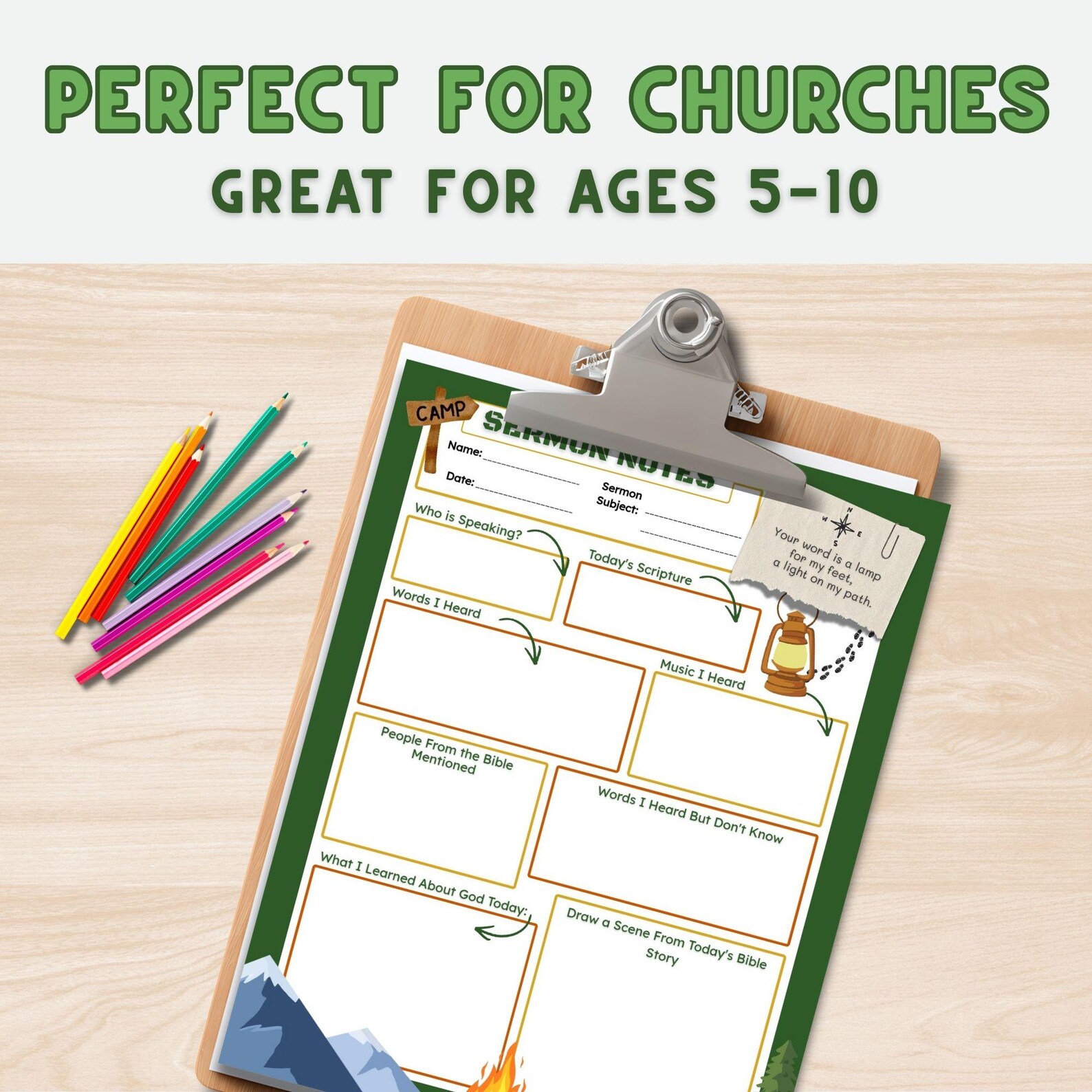 Kids Sermon Notes Printable | Camping Themed Church Activity for ...