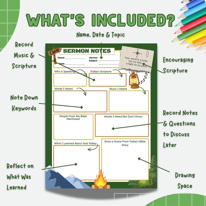 Kids Sermon Notes Printable | Camping Themed Church Activity for ...