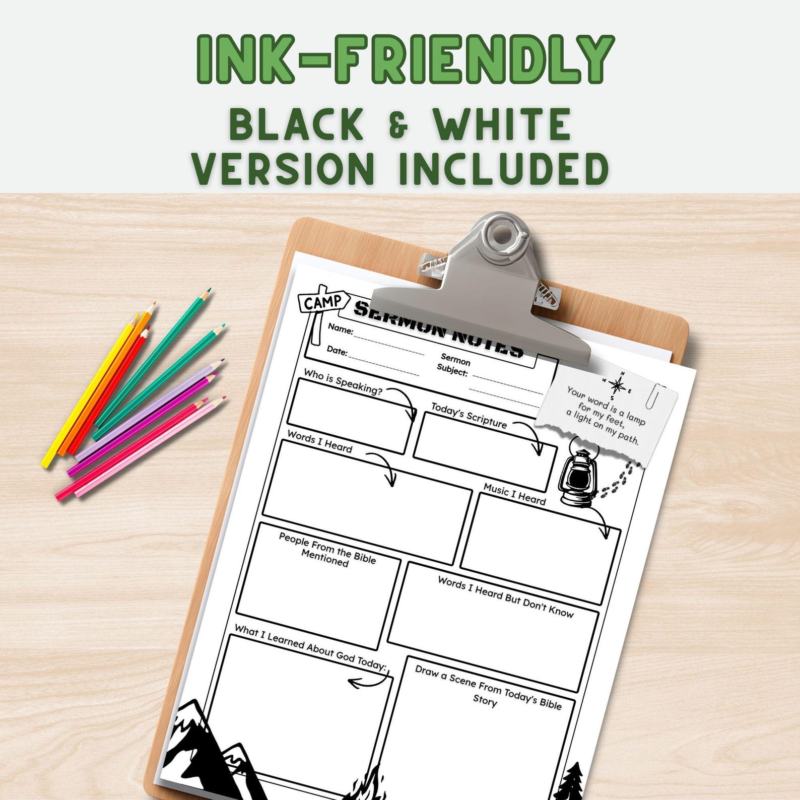 Kids Sermon Notes Printable | Camping Themed Church Activity for ...