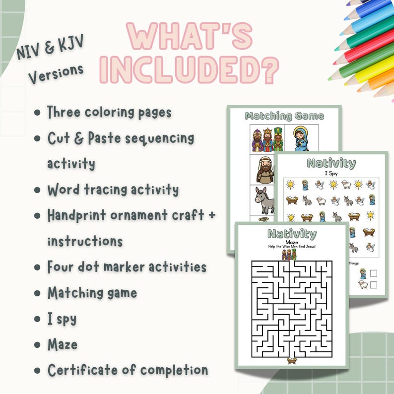 Nativity Activity Pack for Kids | Preschool Christmas Bible Worksheets ...