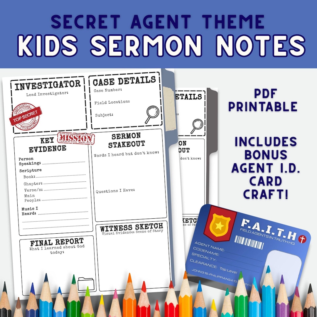 Kids Sermon Notes Printable | Secret Agent Themed Church Notes for Kids ...