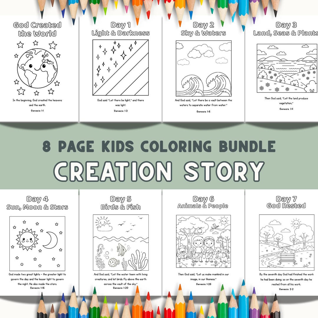 Creation Story Coloring Pages Bundle, 8 Bible Verse Printable Sheets ...