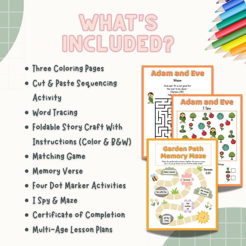 Adam & Eve Bible Activity Pack for Kids | Christian Preschool ...