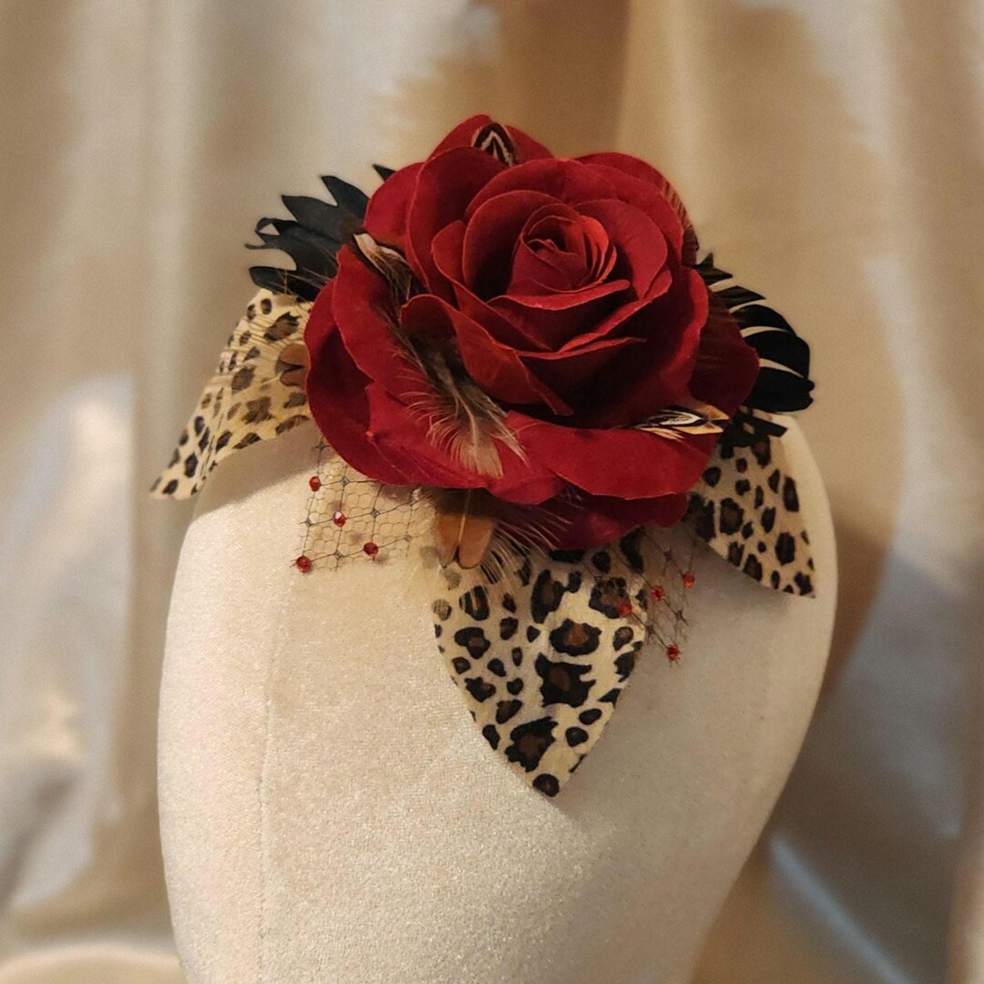 Large Red Velvet Rose Leopard Animal Print Fascinator,rockabilly,jungle ...