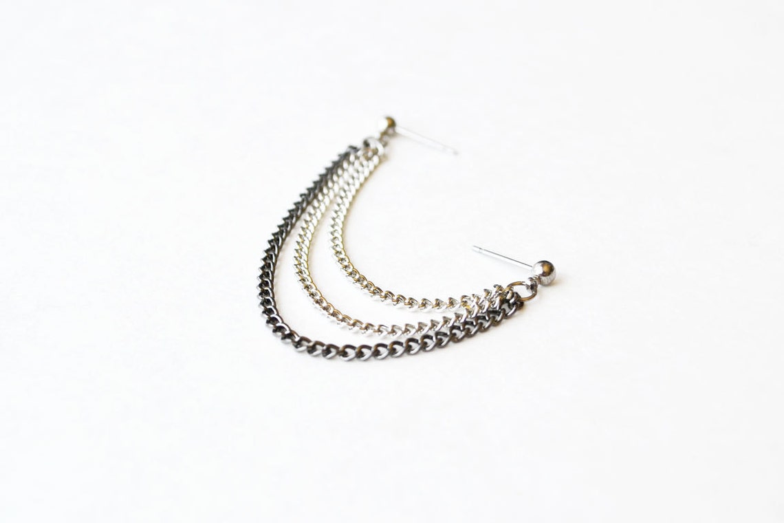 Silver and Black Triple Chain Double Pierce Cartilage Earring - Etsy