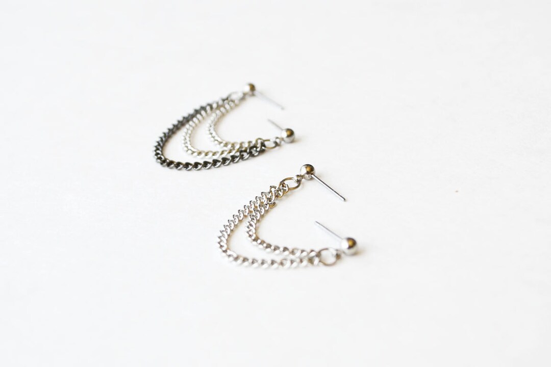 Silver and Black Chains Cartilage Lobe Double Pierce Earrings (set of 2 ...