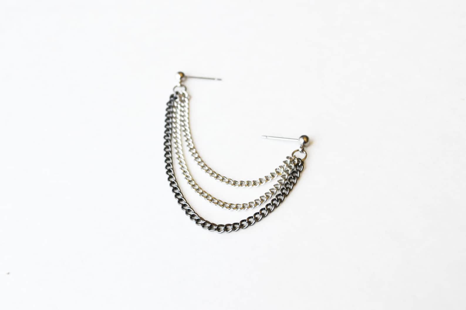 Silver and Black Triple Chain Double Pierce Cartilage Earring - Etsy