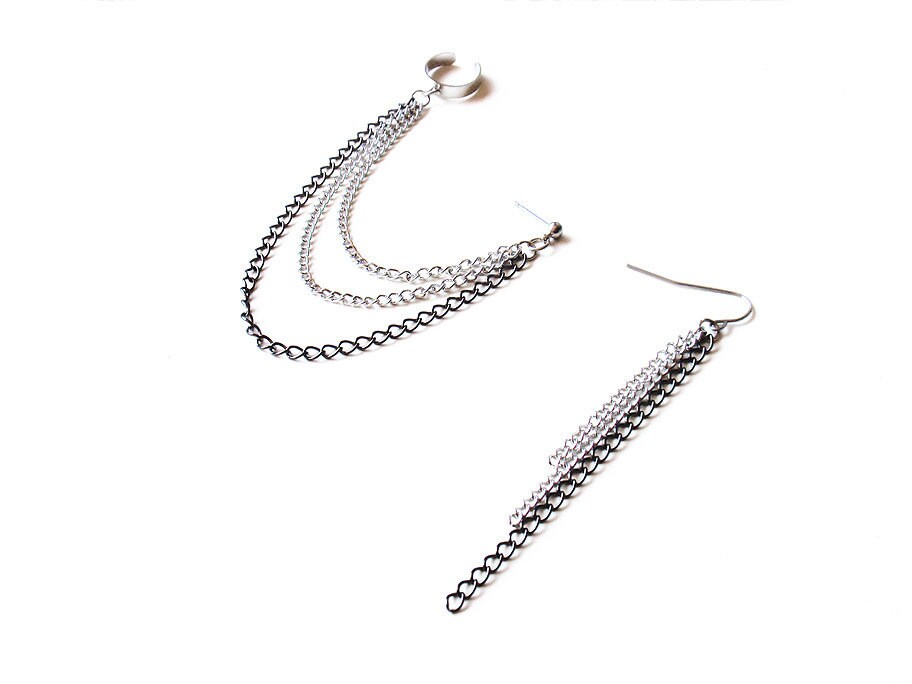 Silver and Black Triple Chain Cuff Earrings (pair) - Etsy