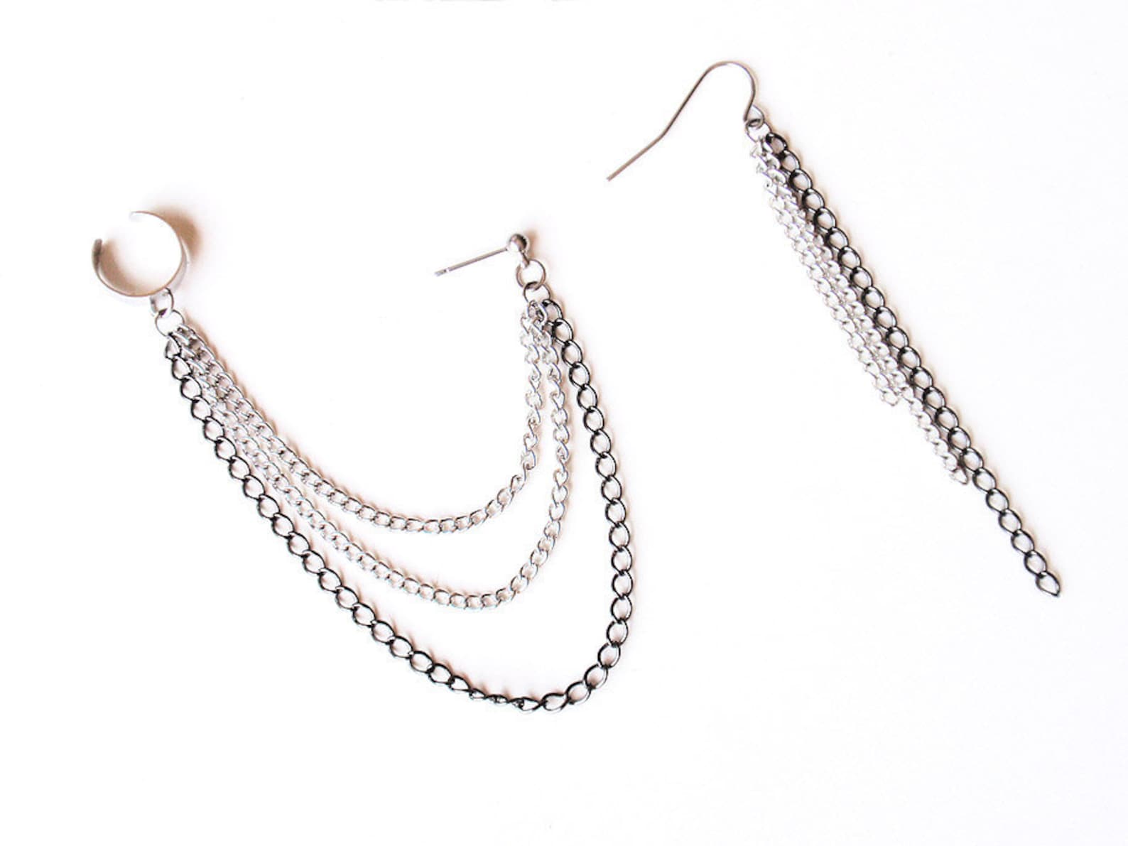 Silver and Black Triple Chain Cuff Earrings pair - Etsy