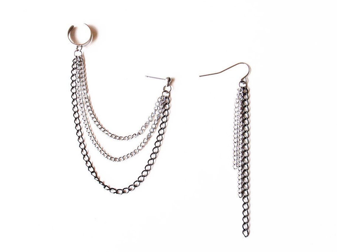 Silver and Black Triple Chain Cuff Earrings pair - Etsy