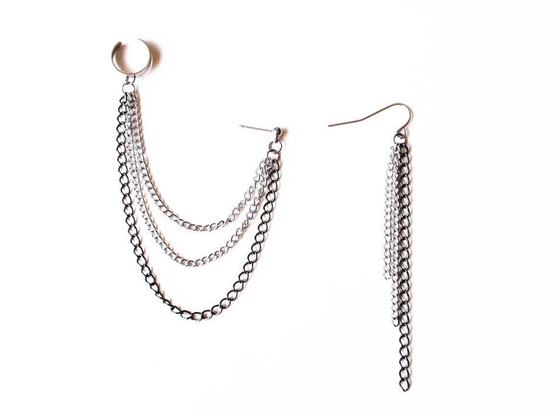 Silver and Black Triple Chain Cuff Earrings (pair) - Etsy
