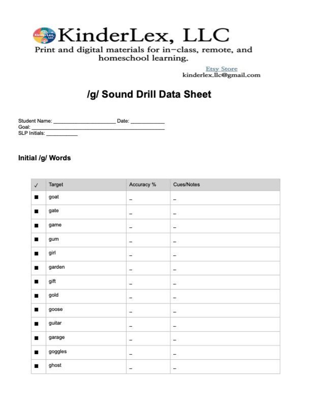 Fillable PDF - Articulation Data Sheet for Sound /g/ in Words, Phrases ...