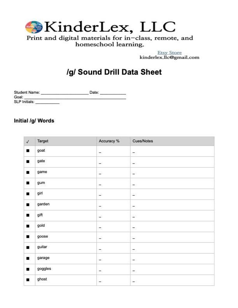 Fillable PDF - Articulation Data Sheet for Sound /g/ in Words, Phrases ...