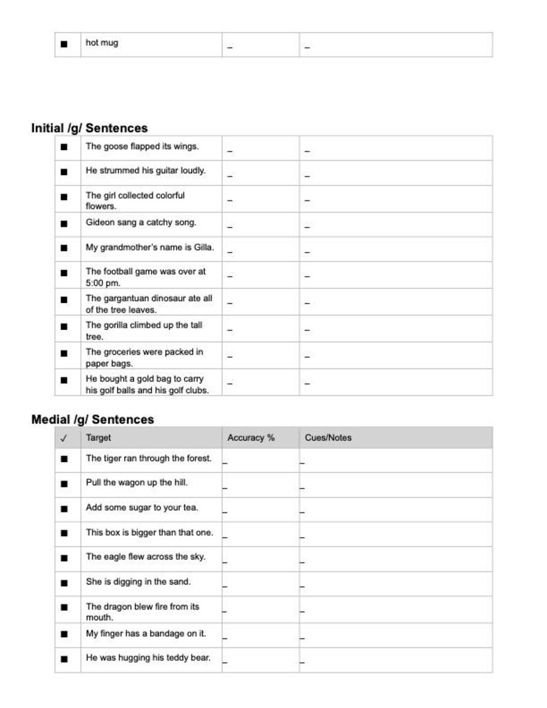 Fillable PDF - Articulation Data Sheet for Sound /g/ in Words, Phrases ...