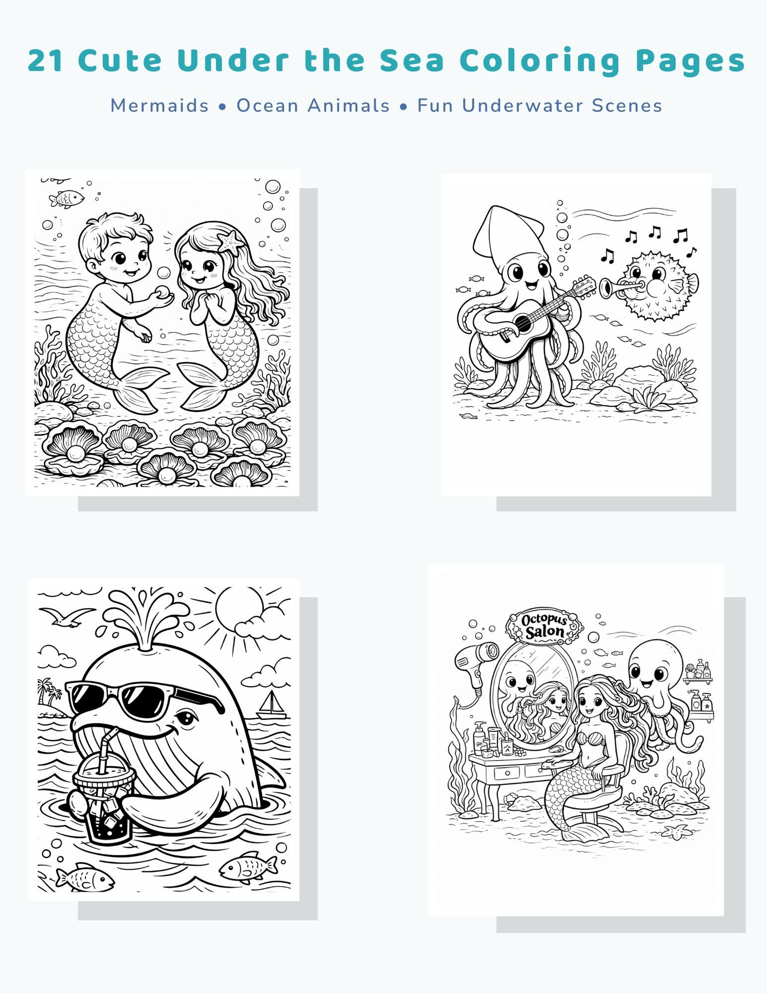 Under the Sea Coloring Book, 21 Ocean Animal & Mermaid Coloring Pages ...
