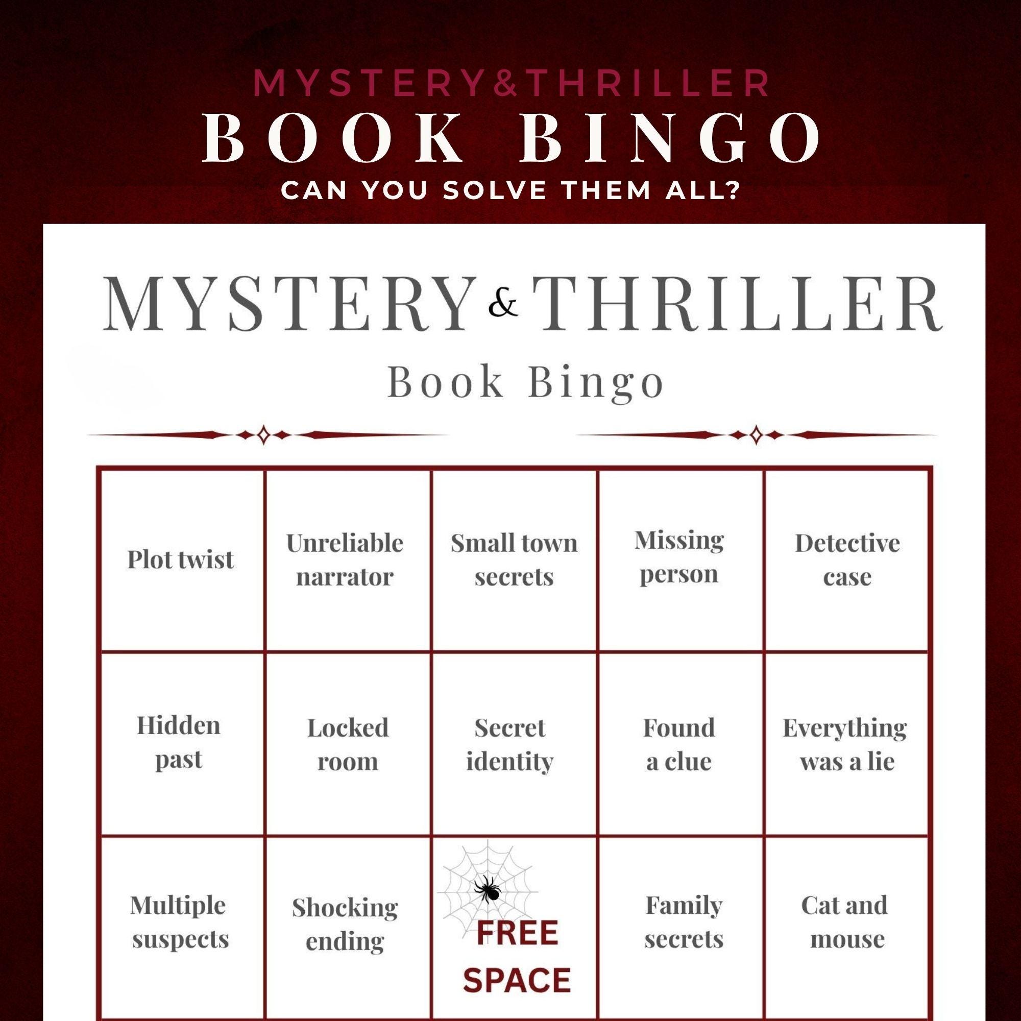 Mystery Thriller Book Bingo Printable Reading Challenge Fun Easy Book ...