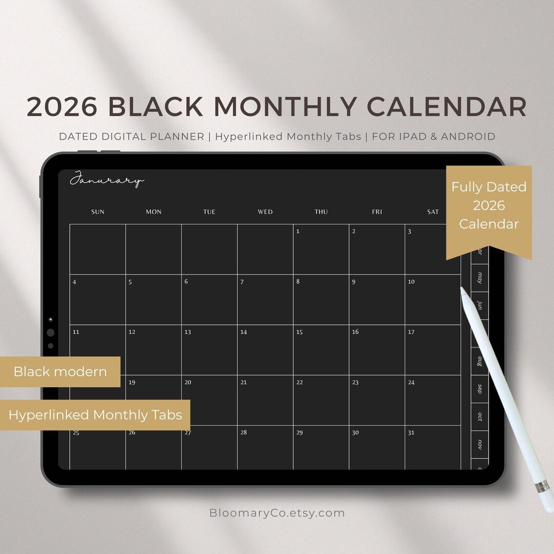 Black 2026 Monthly Calendar Minimalist Black Planner | Hyperlinked Tabs ...