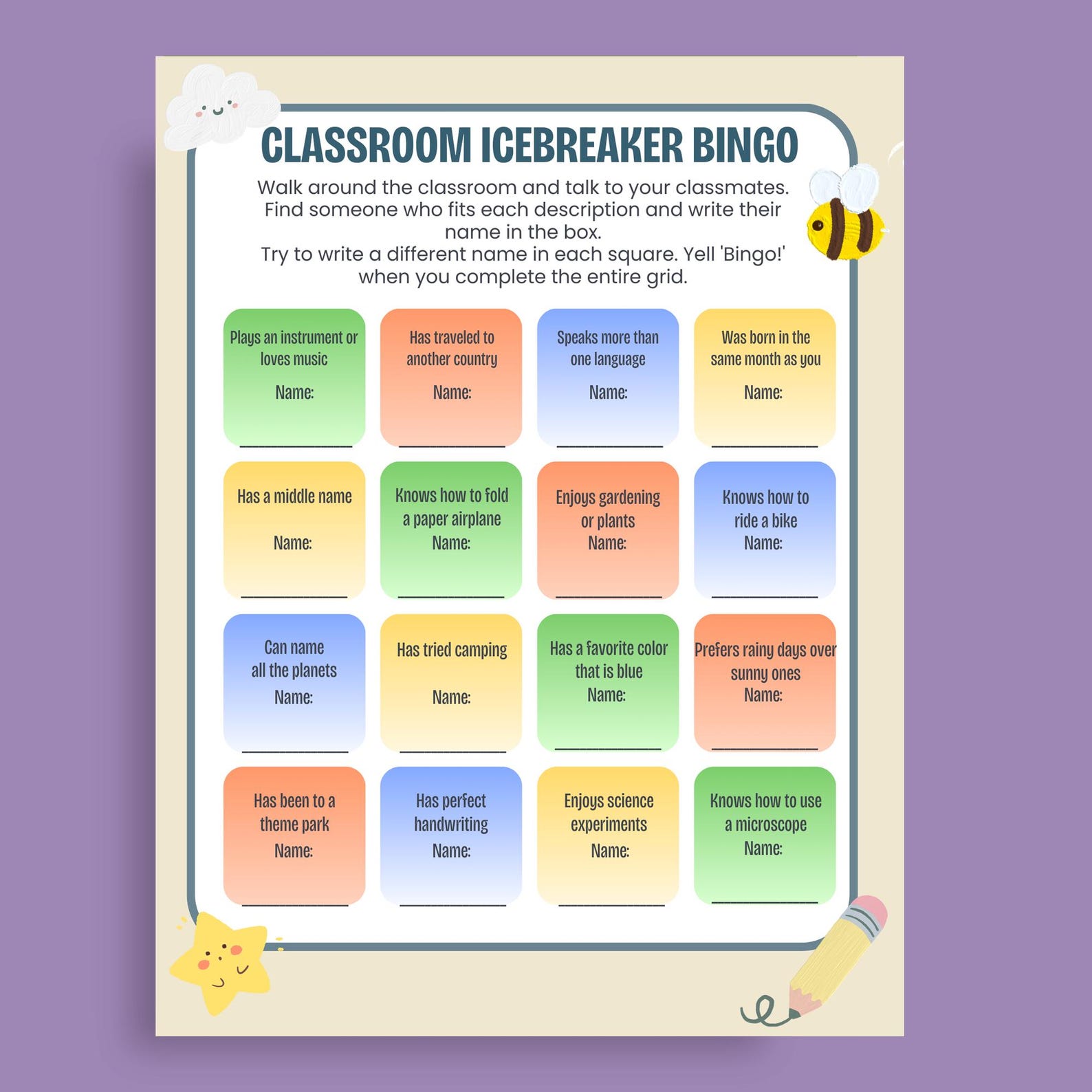 Classroom Icebreaker Bingo Game | Get to Know You Activity (2 PDF Files ...