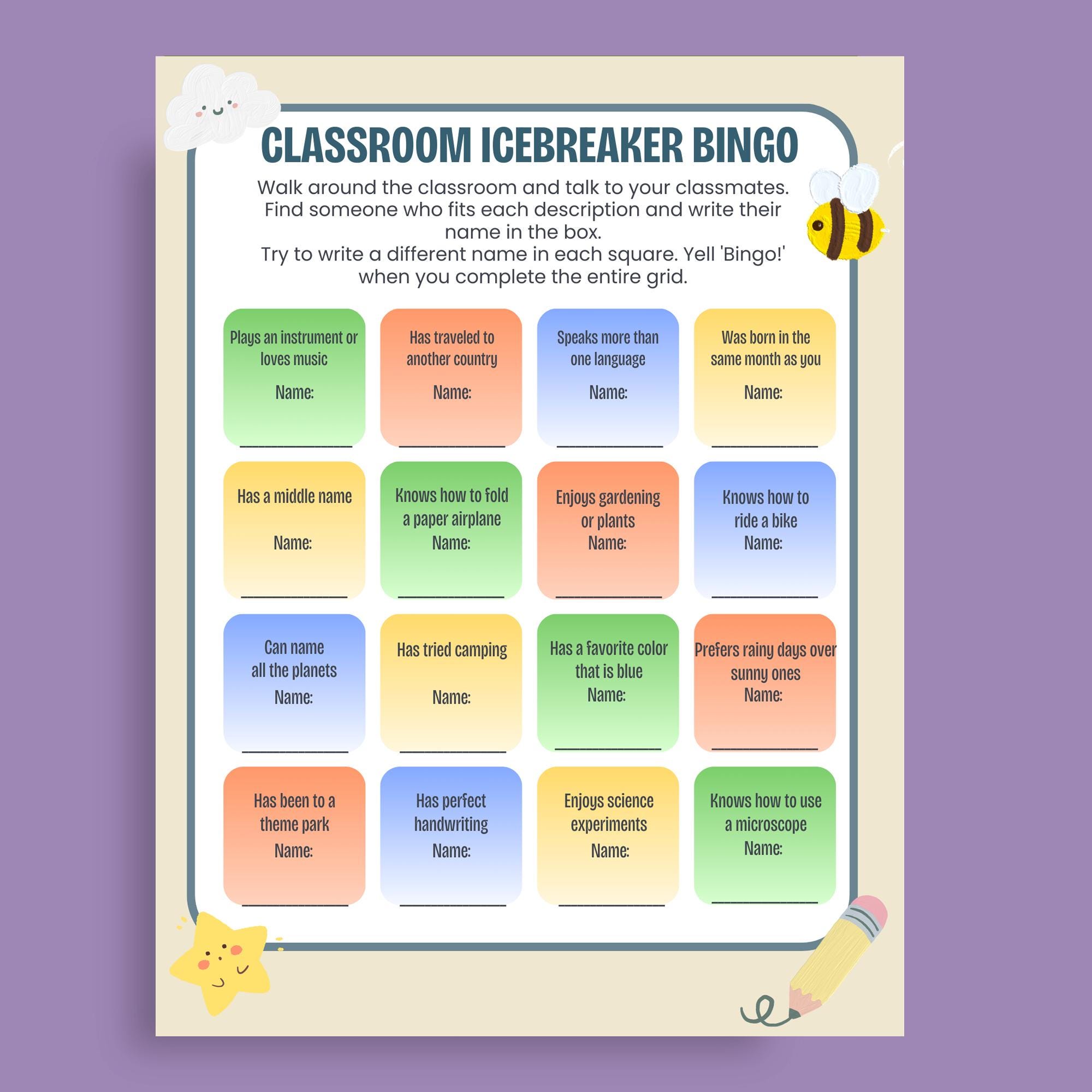 Classroom Icebreaker Bingo Game | Get to Know You Activity (2 PDF Files ...