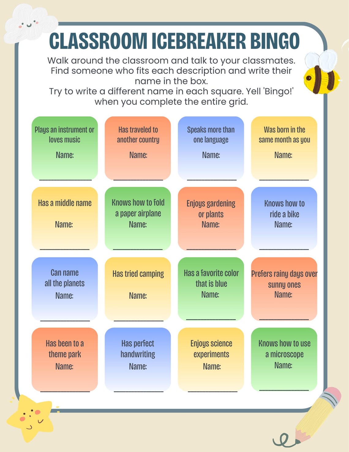 Classroom Icebreaker Bingo Game | Get to Know You Activity (2 PDF Files ...