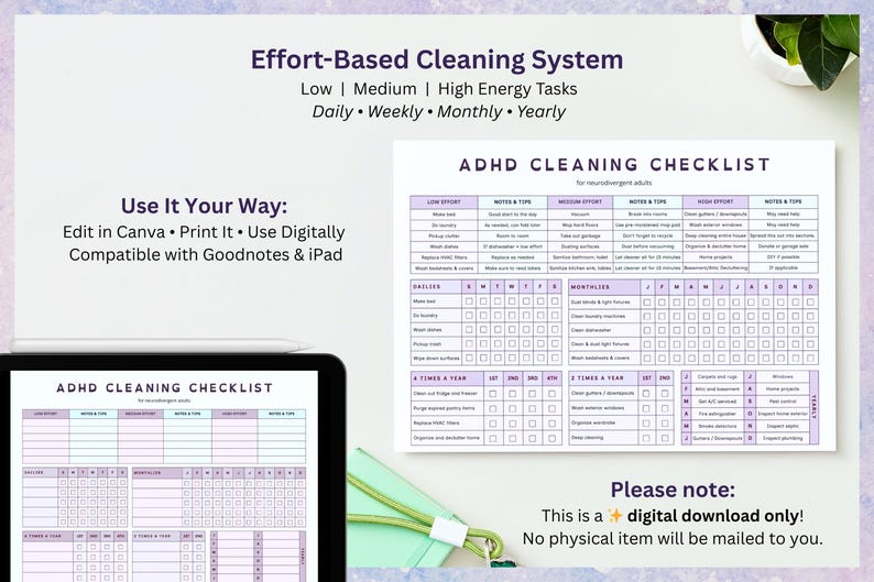 ADHD Cleaning Checklist | Digital Planner for Neurodivergent Adults ...
