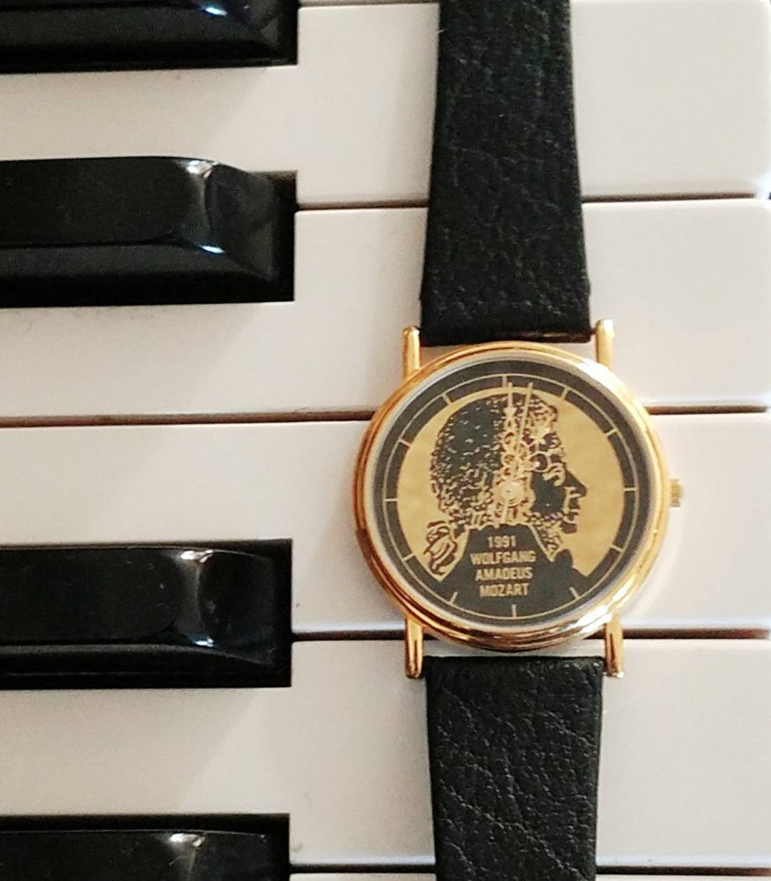 Wolfgang Amadeus Mozart Watch Gold Plated Black Leather Band Vintage ...