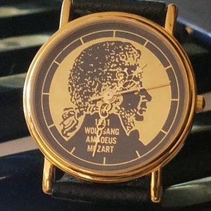 Wolfgang Amadeus Mozart Watch Gold Plated Black Leather Band Vintage ...
