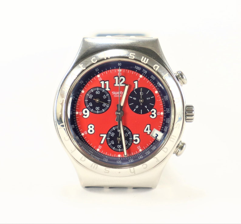 Swatch Irony Chrono Watch Black Leather Band Red Dial - Etsy