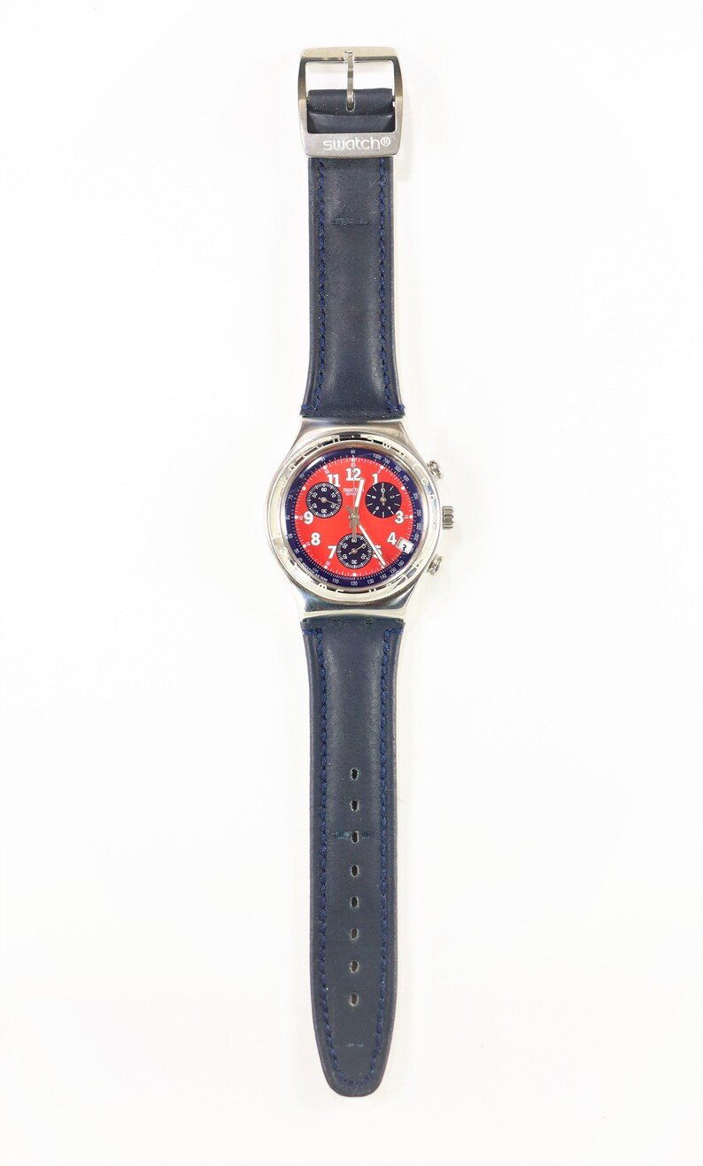 Swatch Irony Chrono Watch Black Leather Band Red Dial - Etsy