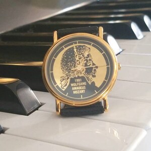 Wolfgang Amadeus Mozart Watch Gold Plated Black Leather Band Vintage ...