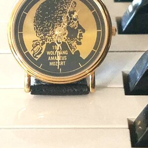 Wolfgang Amadeus Mozart Watch Gold Plated Black Leather Band Vintage ...