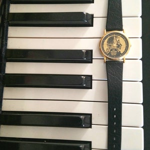 Wolfgang Amadeus Mozart Watch Gold Plated Black Leather Band Vintage ...