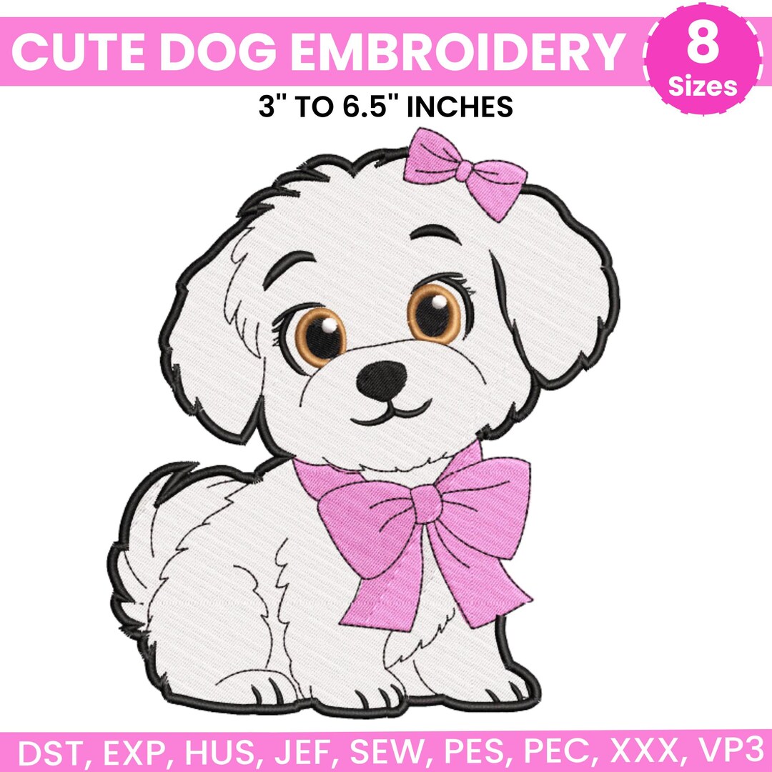 Cute Puppy Embroidery Design, Dog Embroidery File, Cute Puppy With Pink ...