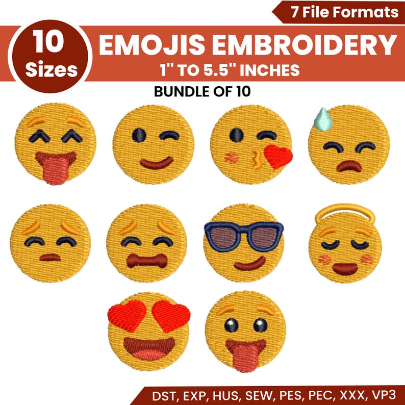 Emoji Embroidery Designs Bundle, 50 Emoticon Embroidery Designs, 10 ...