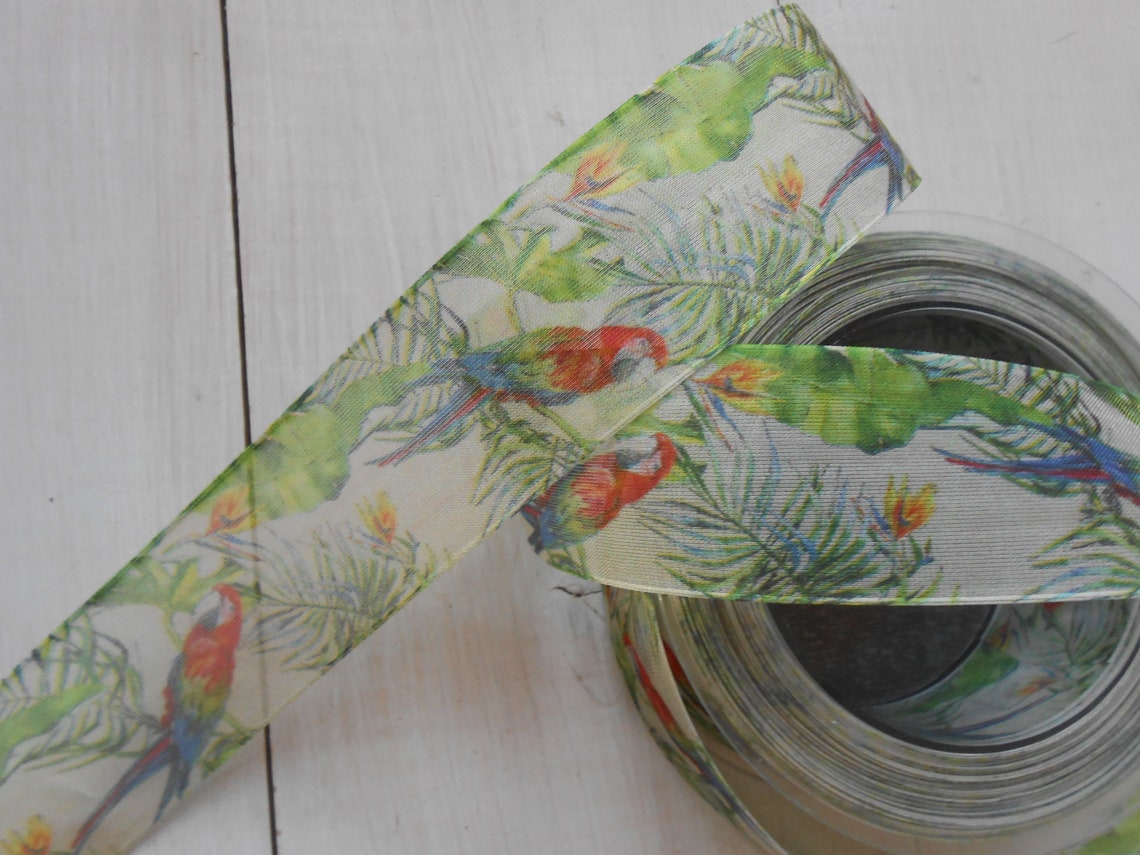 Ribbon Parrots Tropical Leaves Printed Organza 5 Yds 1 - Etsy