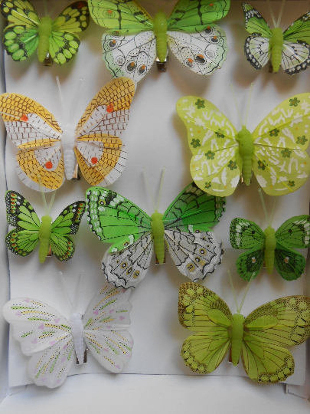 Artificial Butterflies on Clip Green Set of 10 Assorted Sizes Real ...