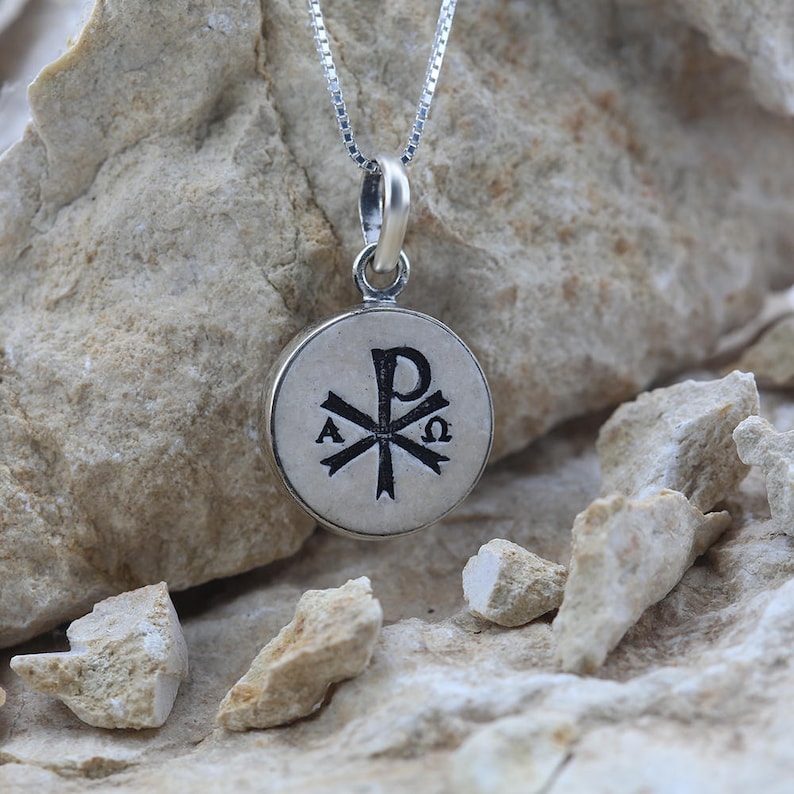 Chi rho on Jerusalem stone silver necklace pendant free | Etsy
